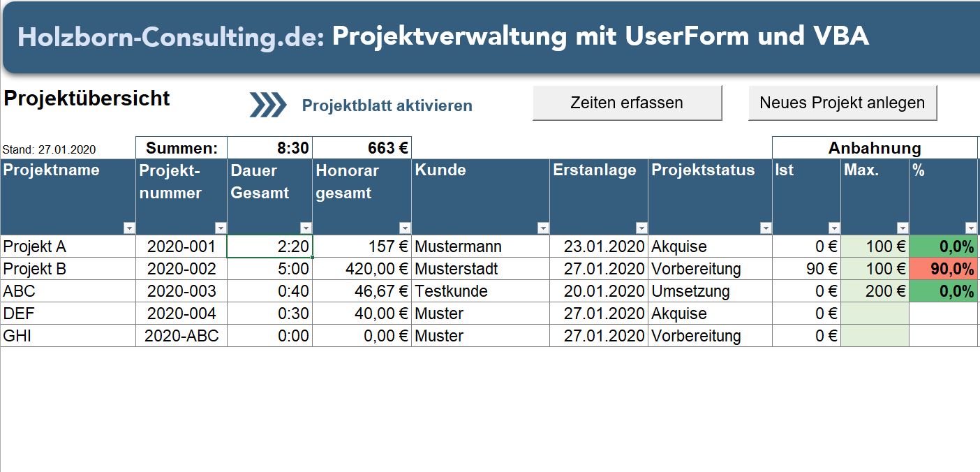 #070 Projektverwaltung mit Zeiterfassung und UserForm VBA - Holzborn Consulting